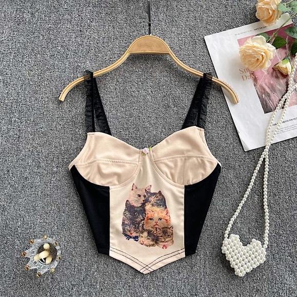 Tops | Tan Black Lace Straps Cats Cropped Corset Top | Poshmark